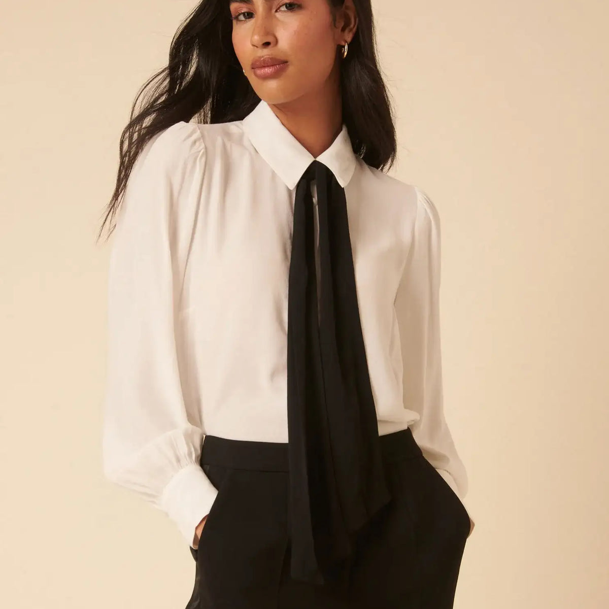 White Bow Tie Neck Blouse – Domino Style